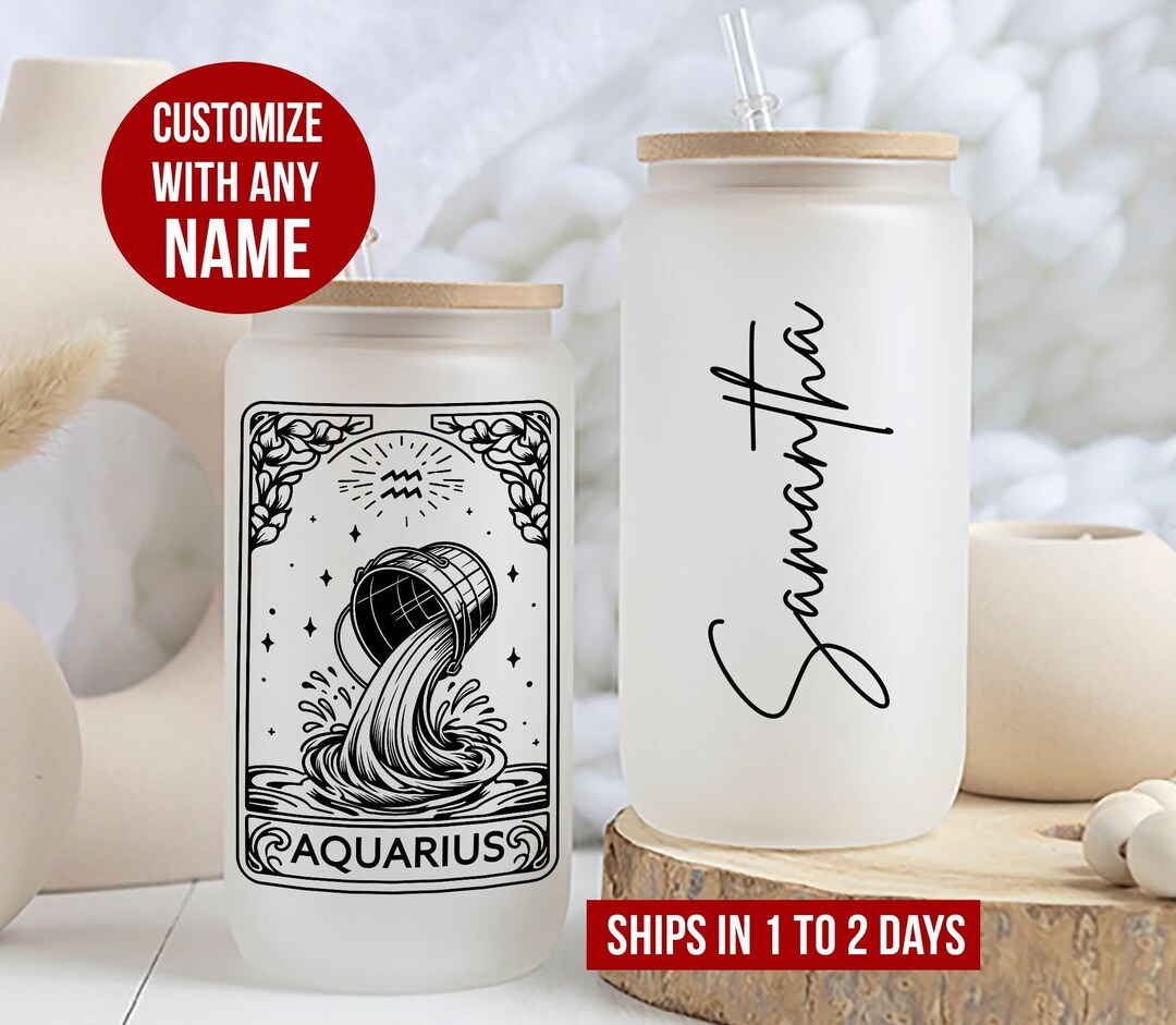 Personalized Aquarius Frosted Glass Cup, Custom Aquarius Glass Tumbler ...