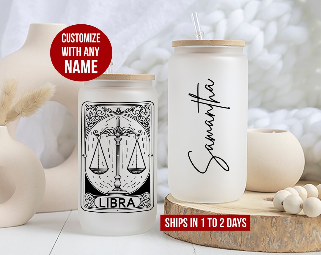 Personalized Libra Frosted Glass Cup, Custom Libra Glass Tumbler, Libra ...