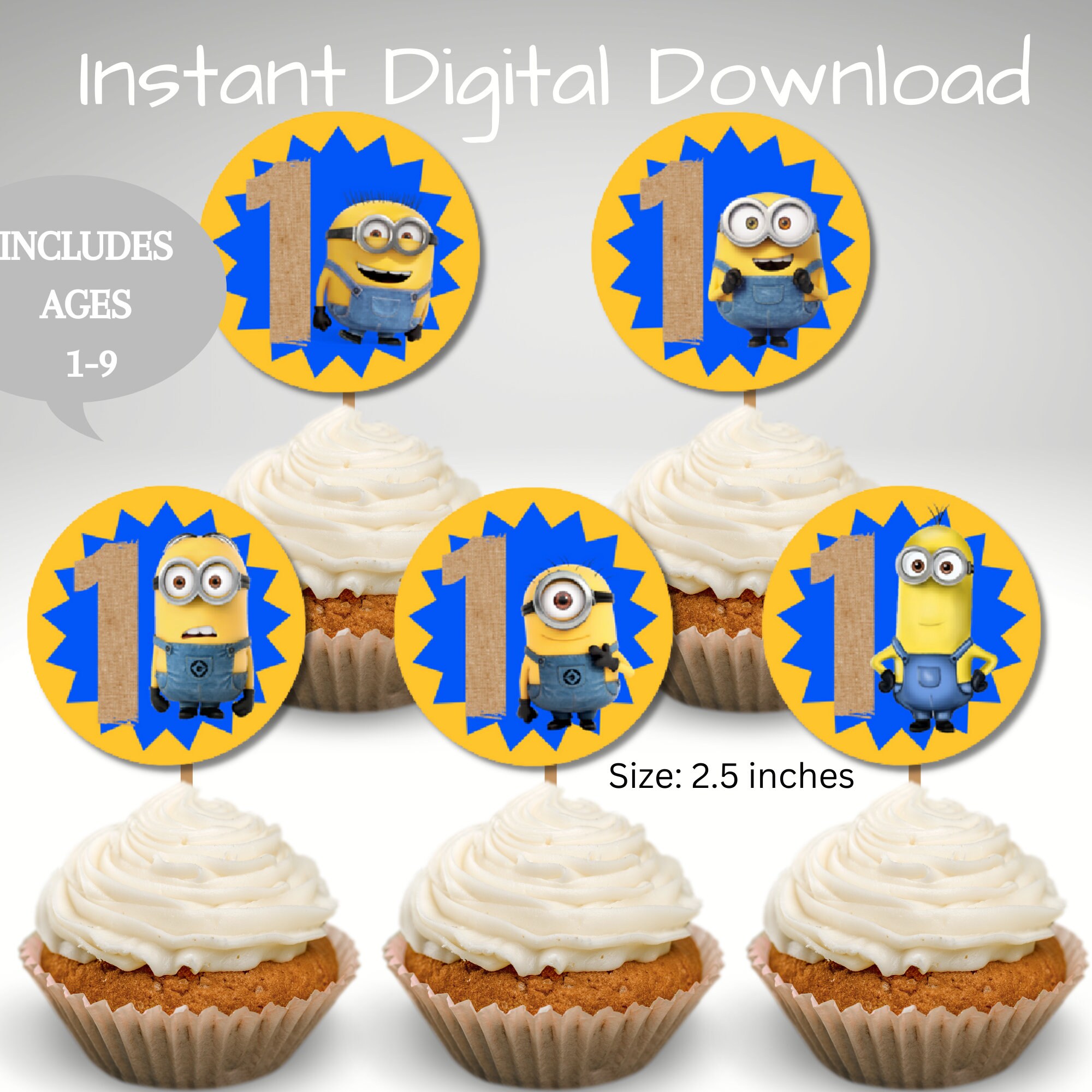 INSTANT DOWNLOAD 1-9 Minion Cupcake Toppers, Minion Stickers - Etsy
