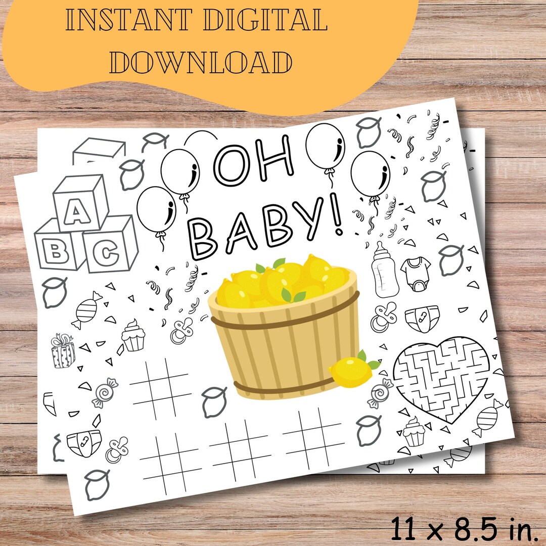 Lemon Themed Baby Shower Coloring Placemat Baby Shower Activity Sheet ...