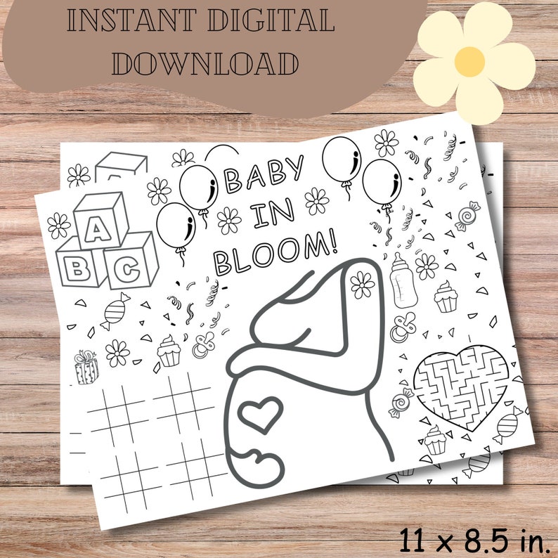 Baby in Bloom Baby Shower Coloring Placemat Baby Shower Activity Sheet ...