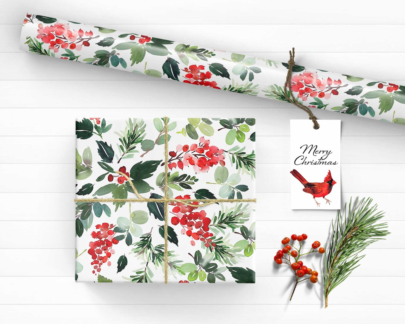 Christmas Wrapping Paper Roll Berry Greenery Pine Winter - Etsy