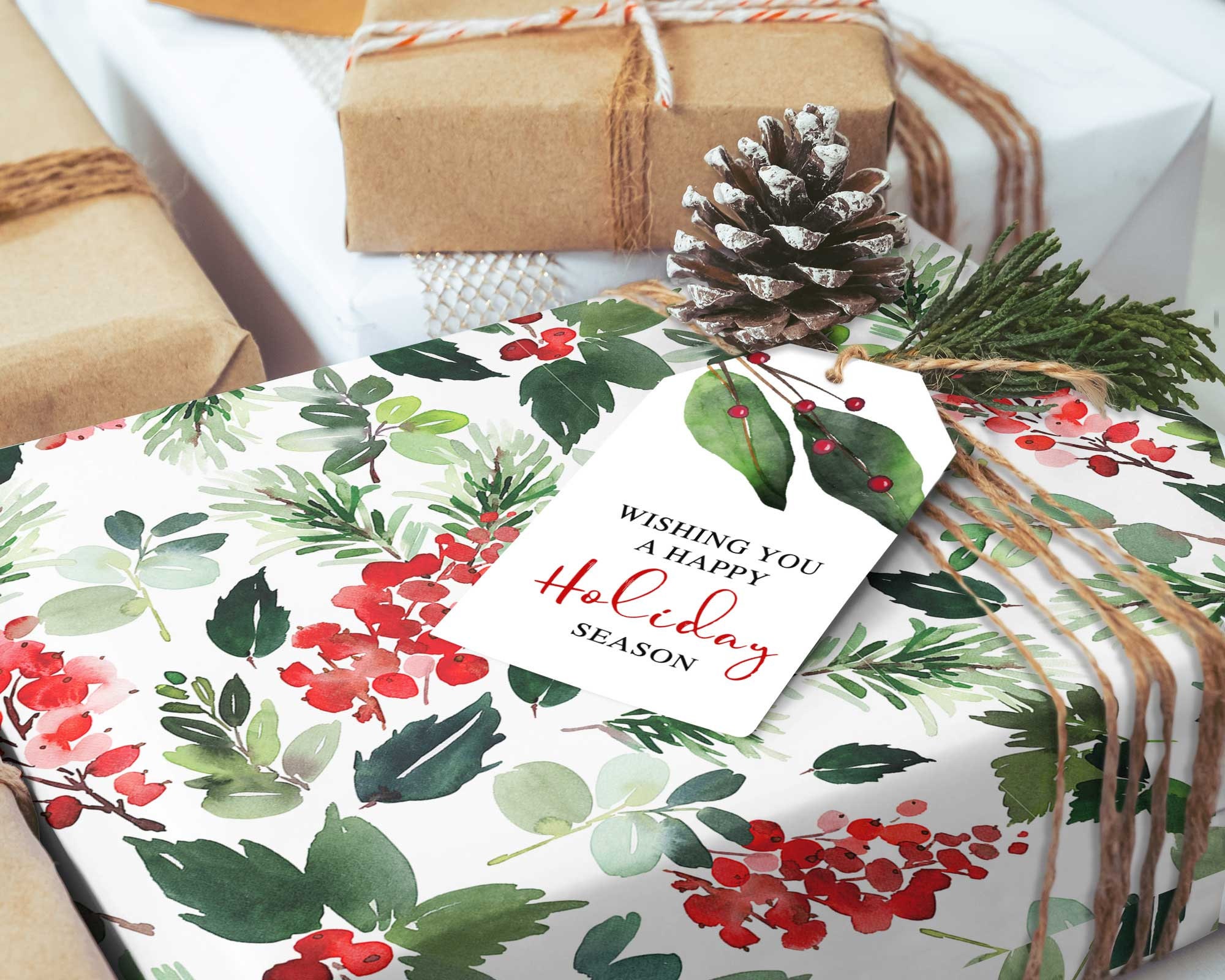 Christmas Wrapping Paper Roll Berry Greenery Pine Winter | Etsy