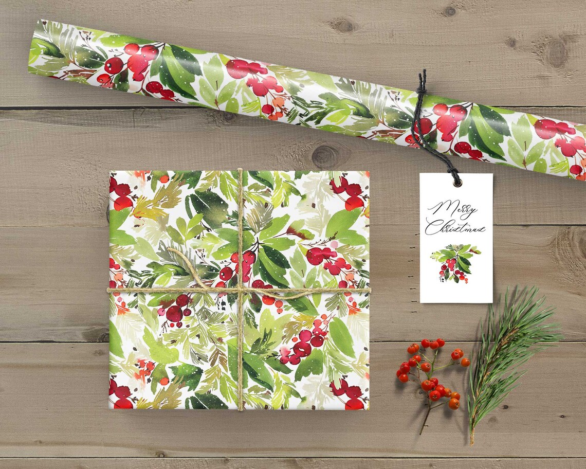 Christmas Wrapping Paper Roll Berry Greenery Pine Winter | Etsy