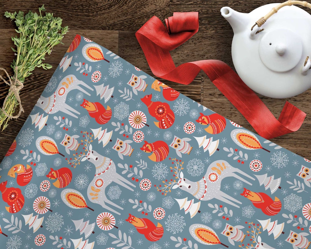 Christmas Wrapping Paper Roll, Rustic Woodland Reindeer Owl Fox, Winter ...