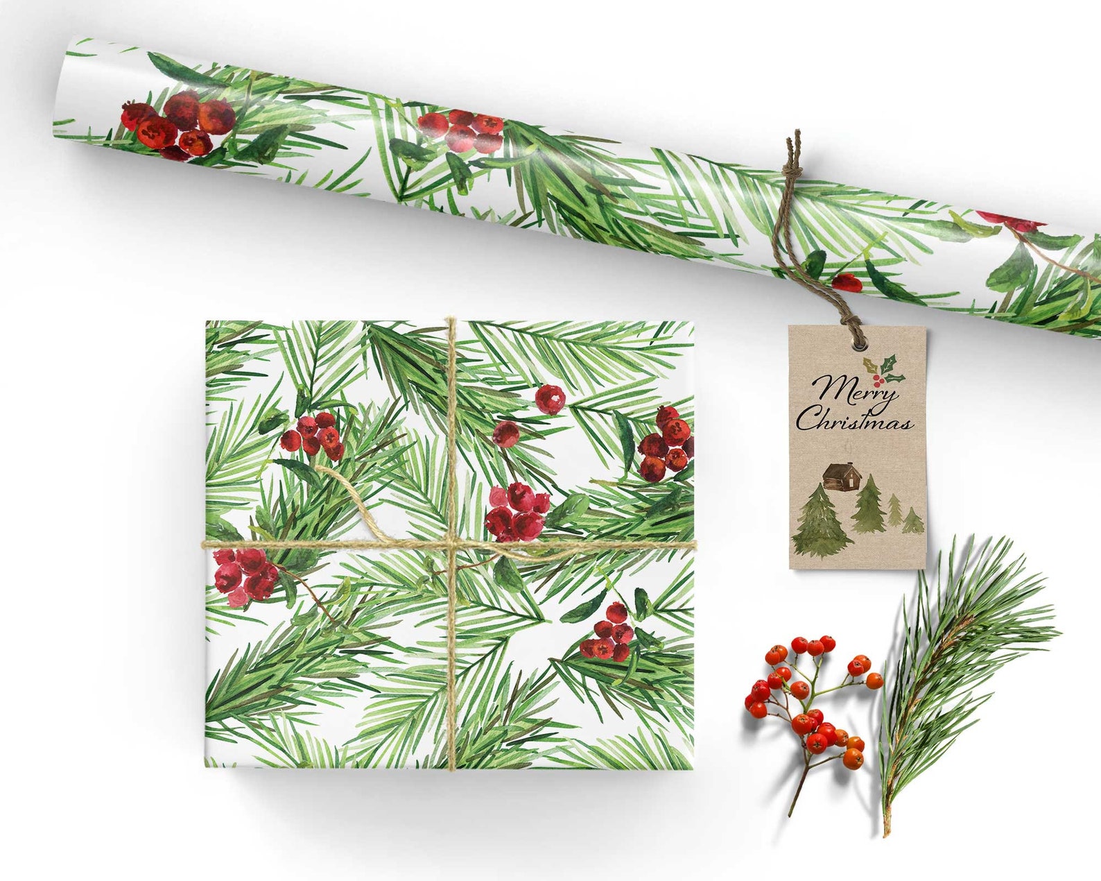 Christmas Wrapping Paper Roll, Xmas Greenery Pine, Woodland Holiday ...