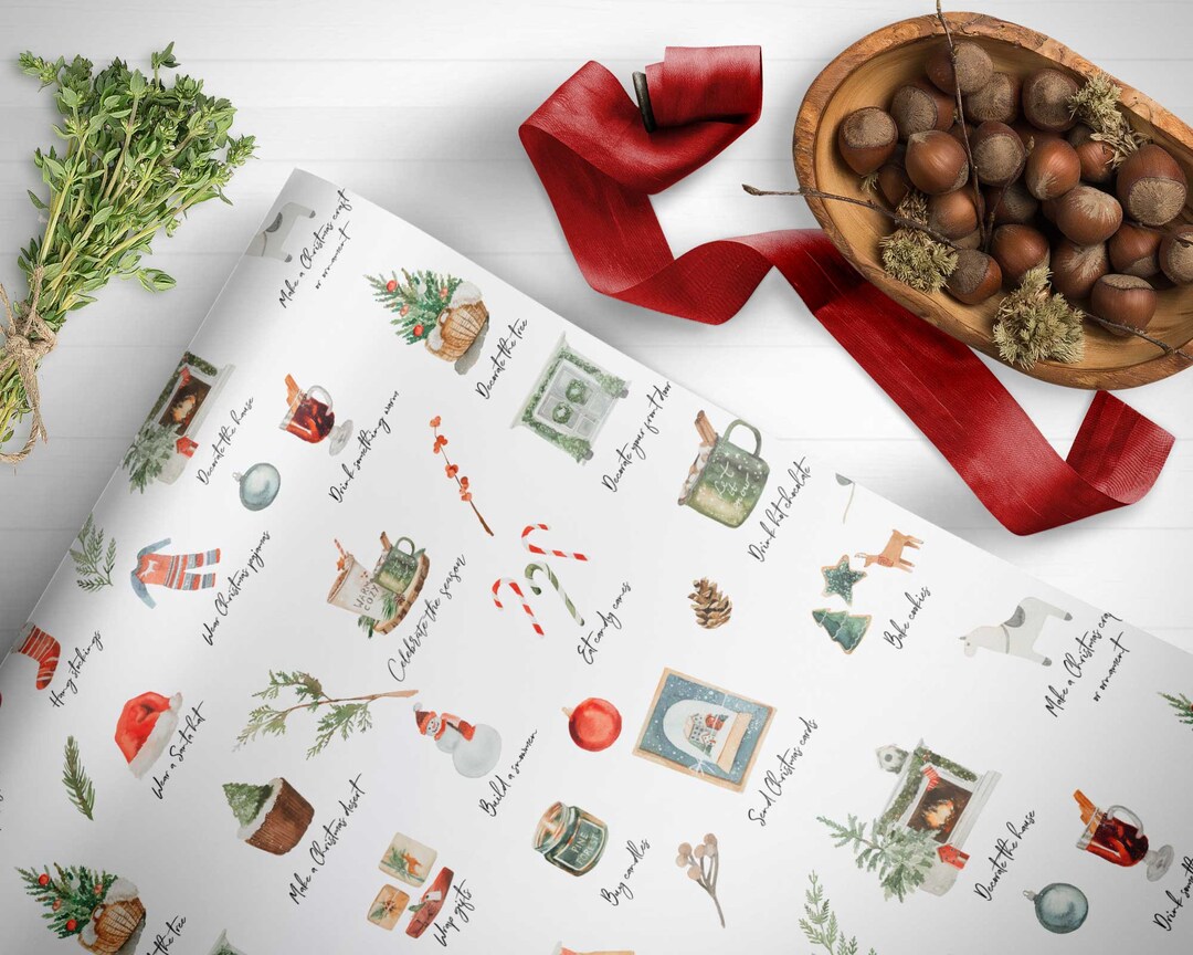 Christmas Wrapping Paper Rustic Watercolor Winter Holiday Gift Wrap ...
