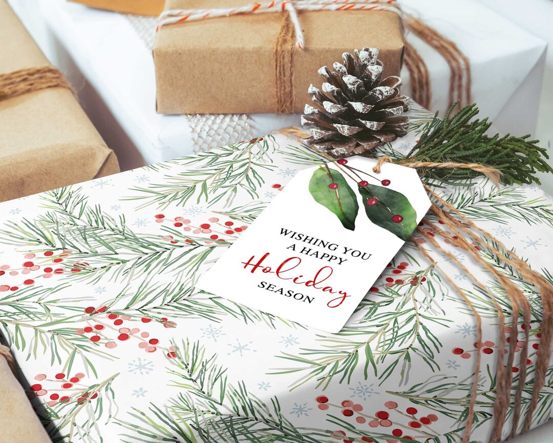 Christmas Wrapping Paper Roll, Berry Greenery Pine, Winter Holiday Gift ...