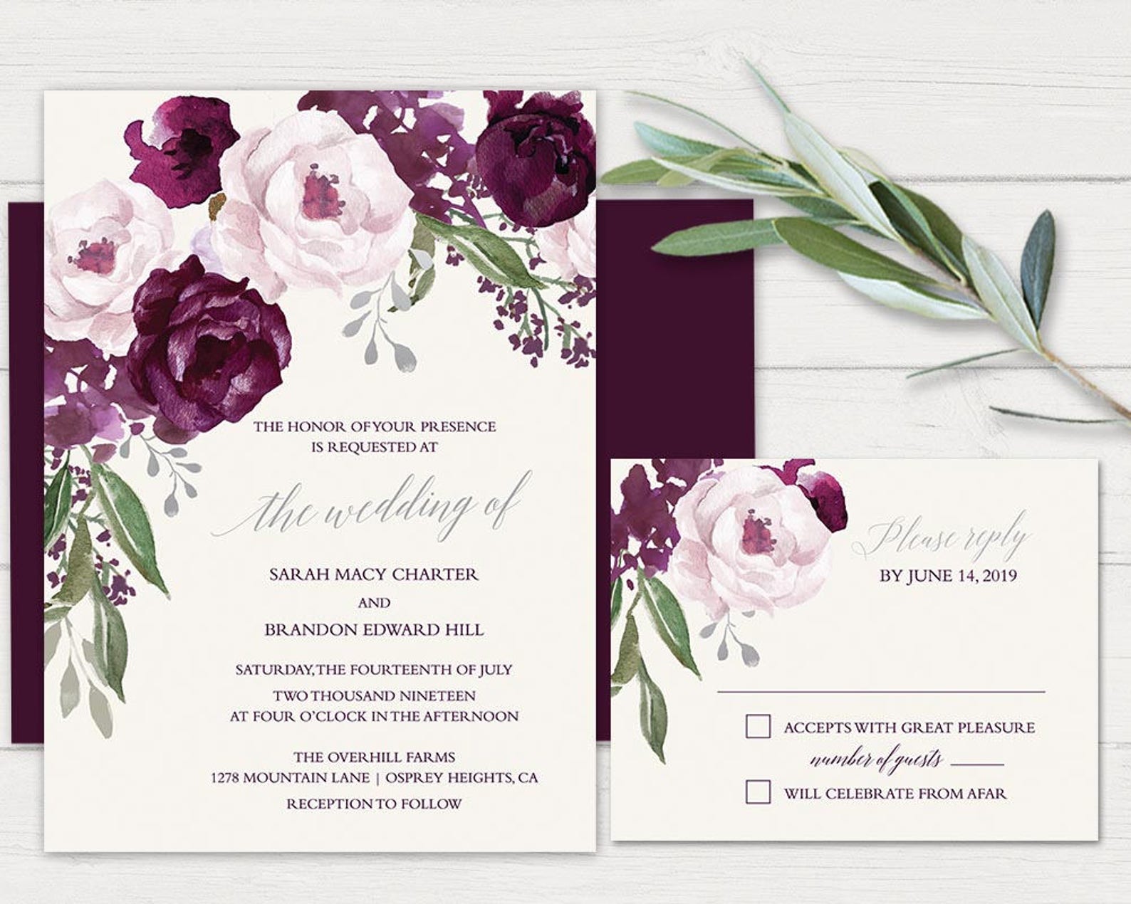 Purple Wedding Invitation Set Plum Wedding Invites - Etsy