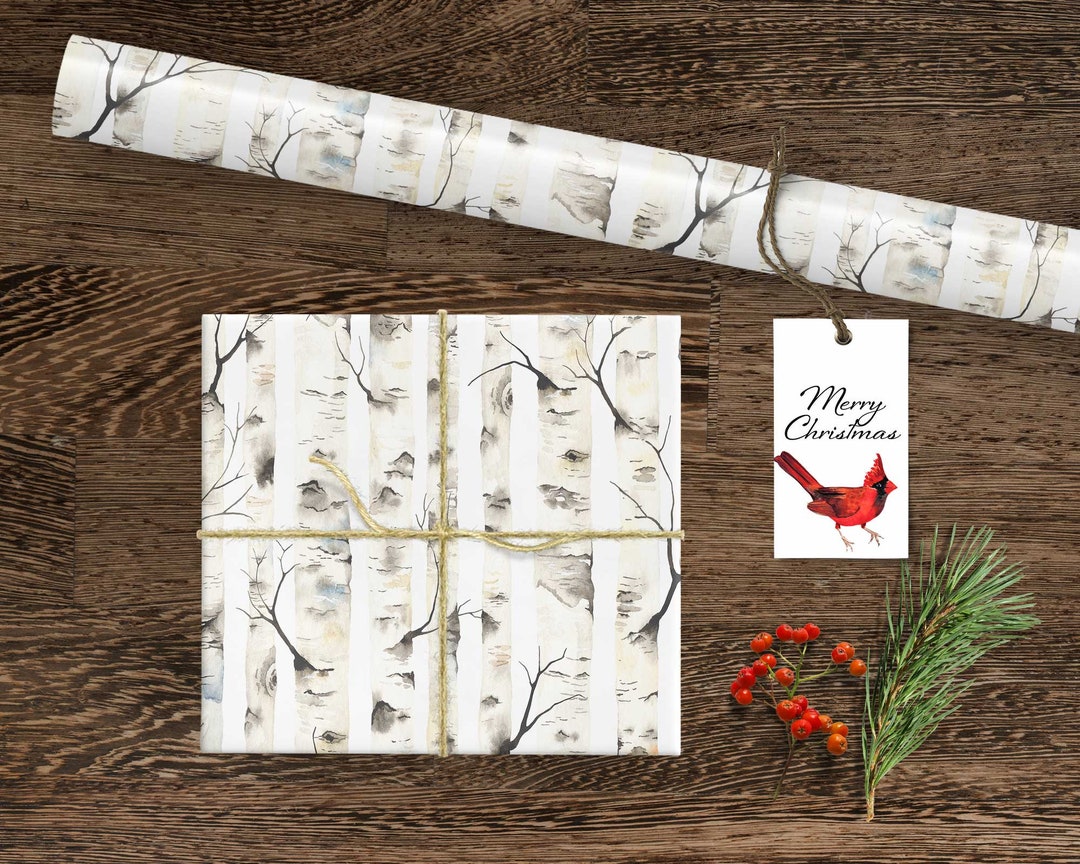 Christmas Wrapping Paper, Birch Trees Woodland Winter Holiday Gift Wrap ...