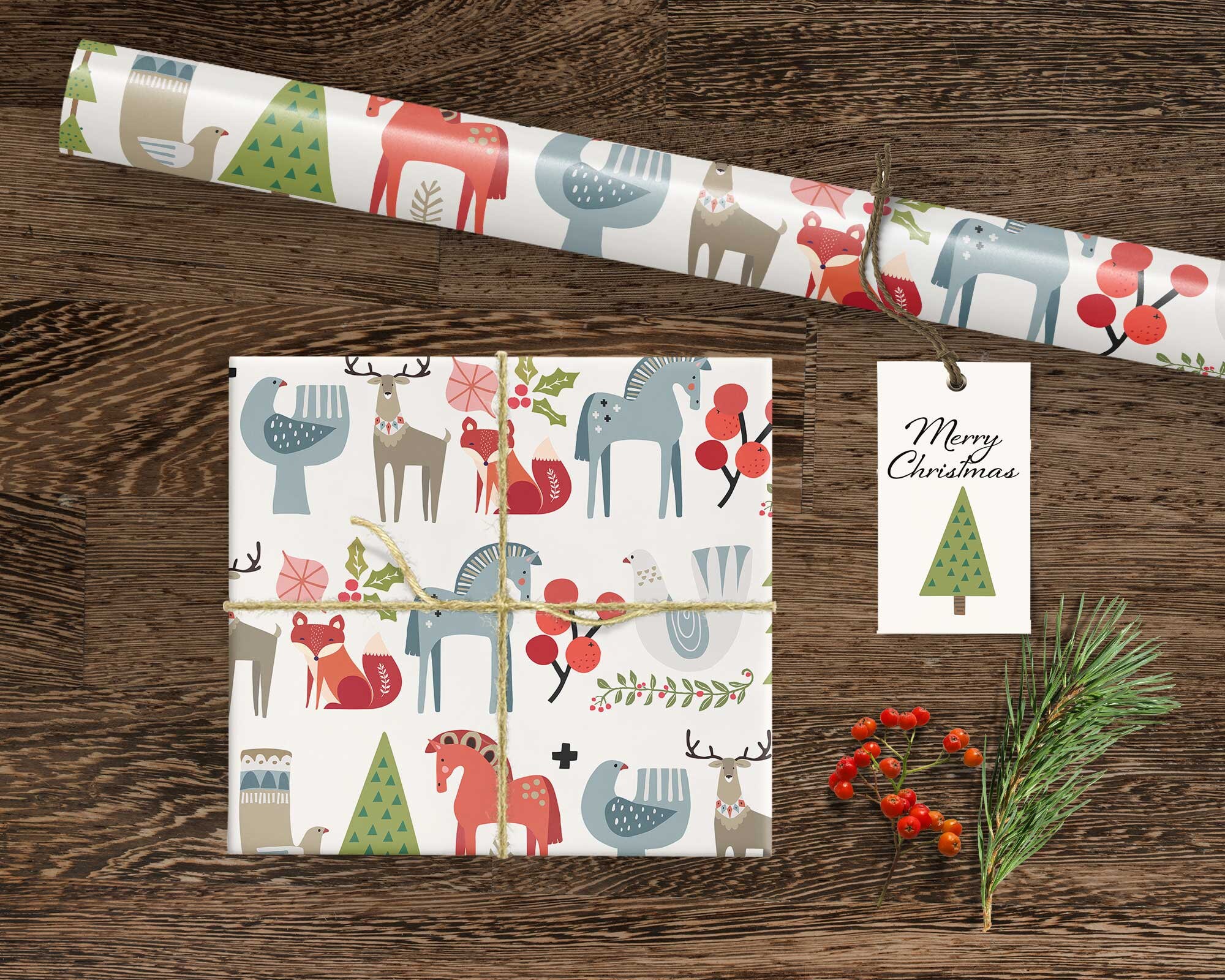 Winter Animals Wrapping Paper Winter Gift Wrap, Woodland Nordic Holiday ...