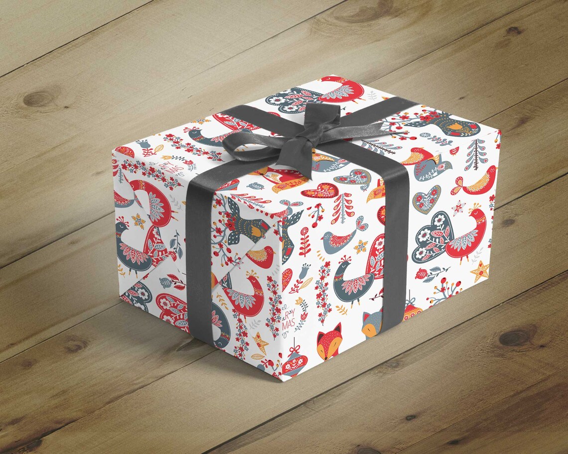 Christmas Wrapping Paper Roll, Scandi Woodland Fox Dove, Winter Holiday ...