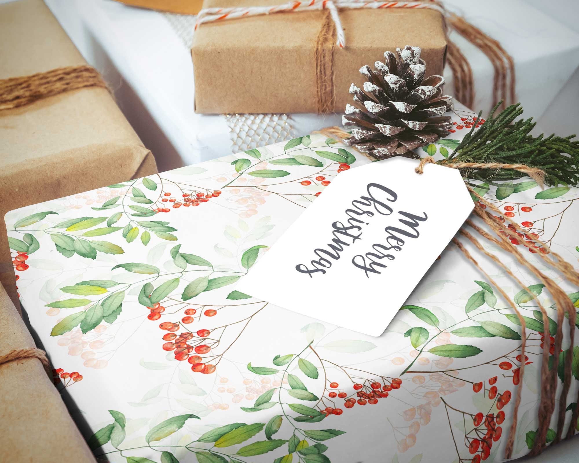 Christmas Wrapping Paper Sheets Berry Greenery Pine Winter | Etsy