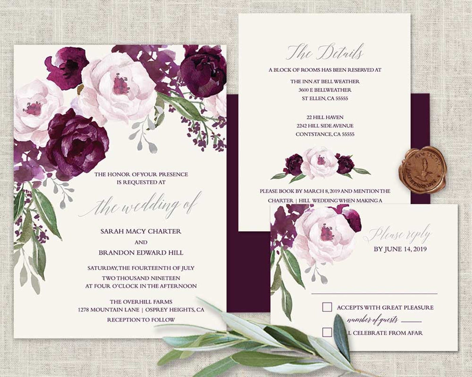 Purple Wedding Invitation Set Plum Wedding Invites | Etsy