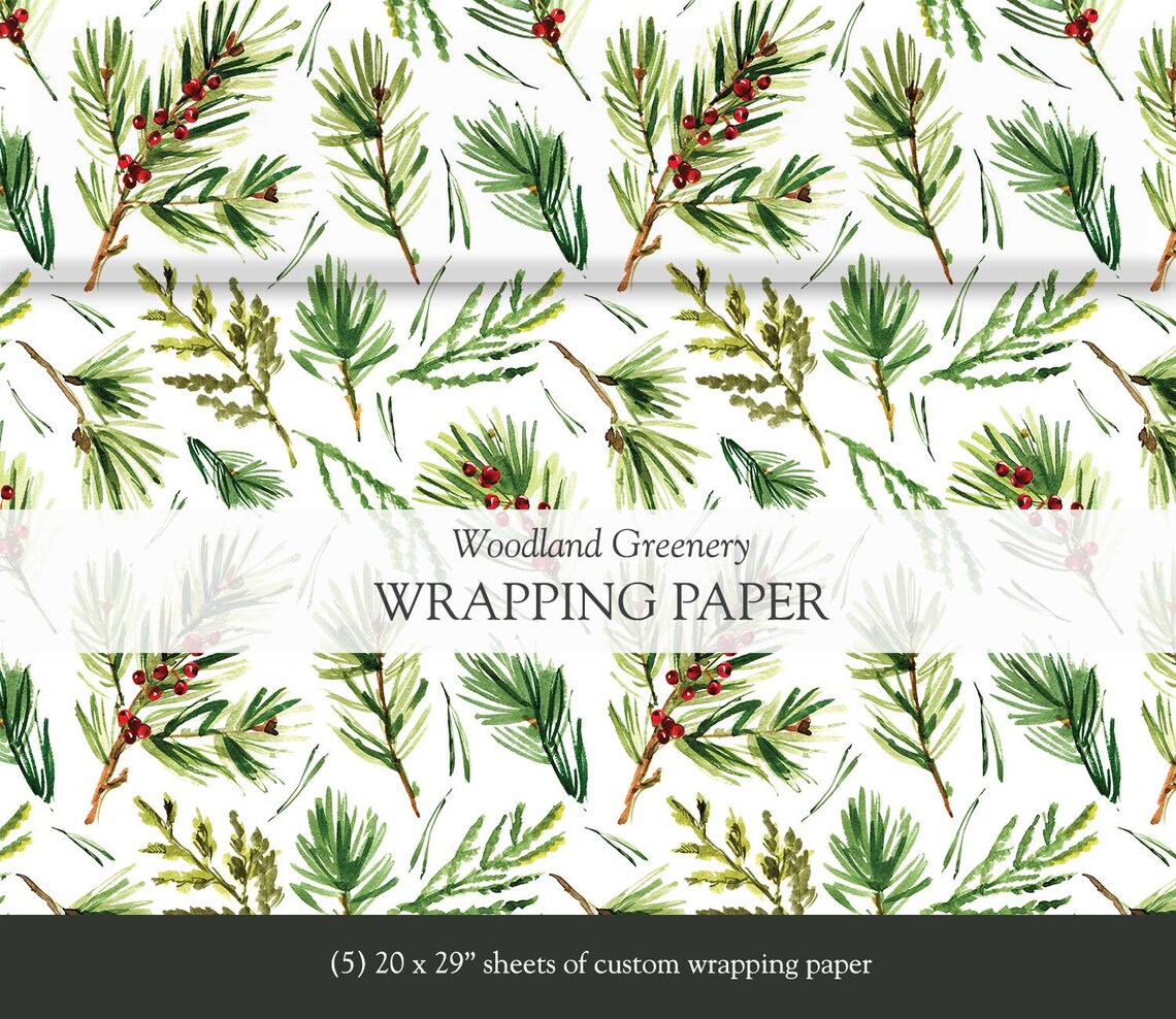 Christmas Wrapping Paper Roll Berry Greenery Pine Winter | Etsy