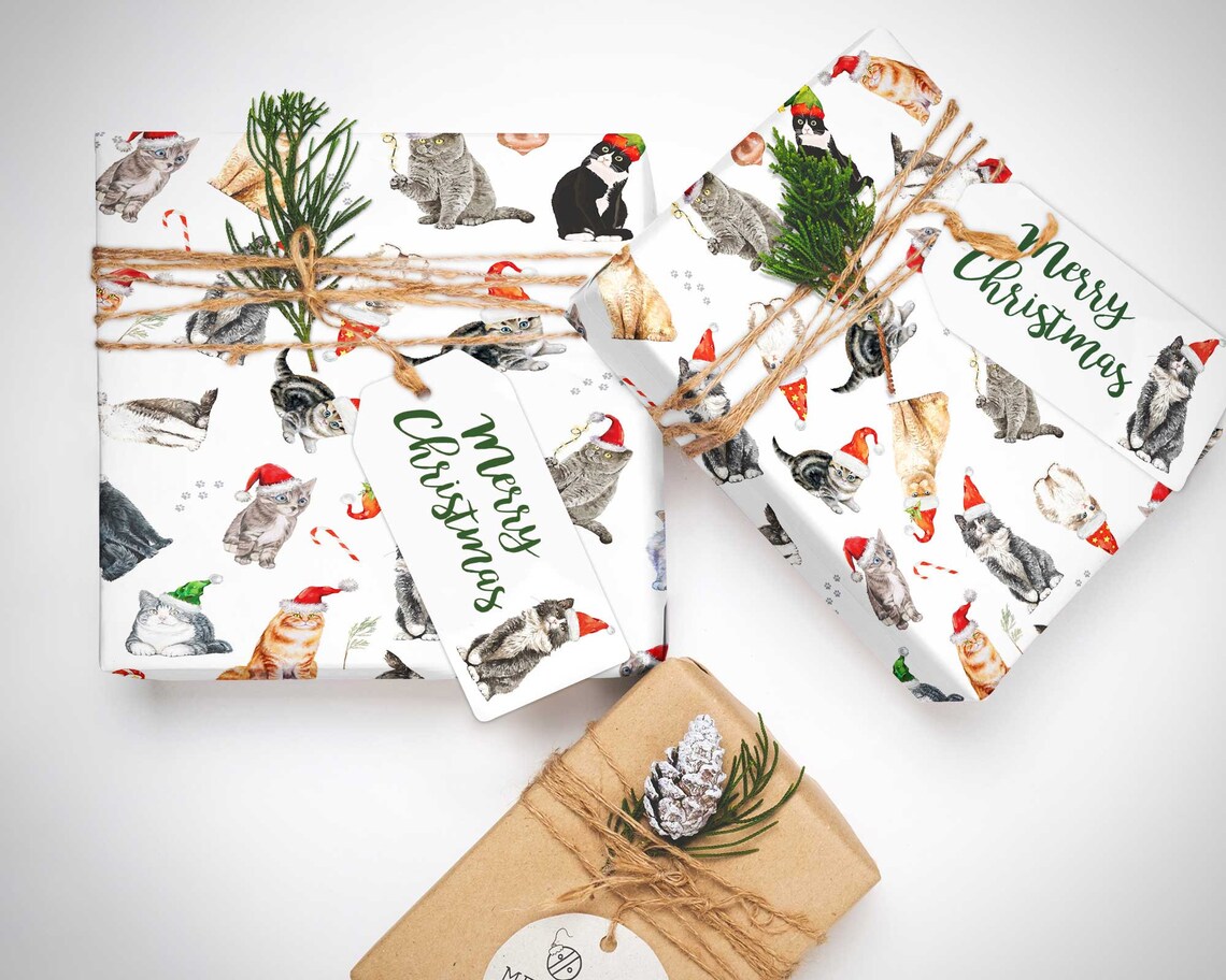 Christmas Gift Wrap Cats Holiday Cat Gift Wrap Cat Lover - Etsy