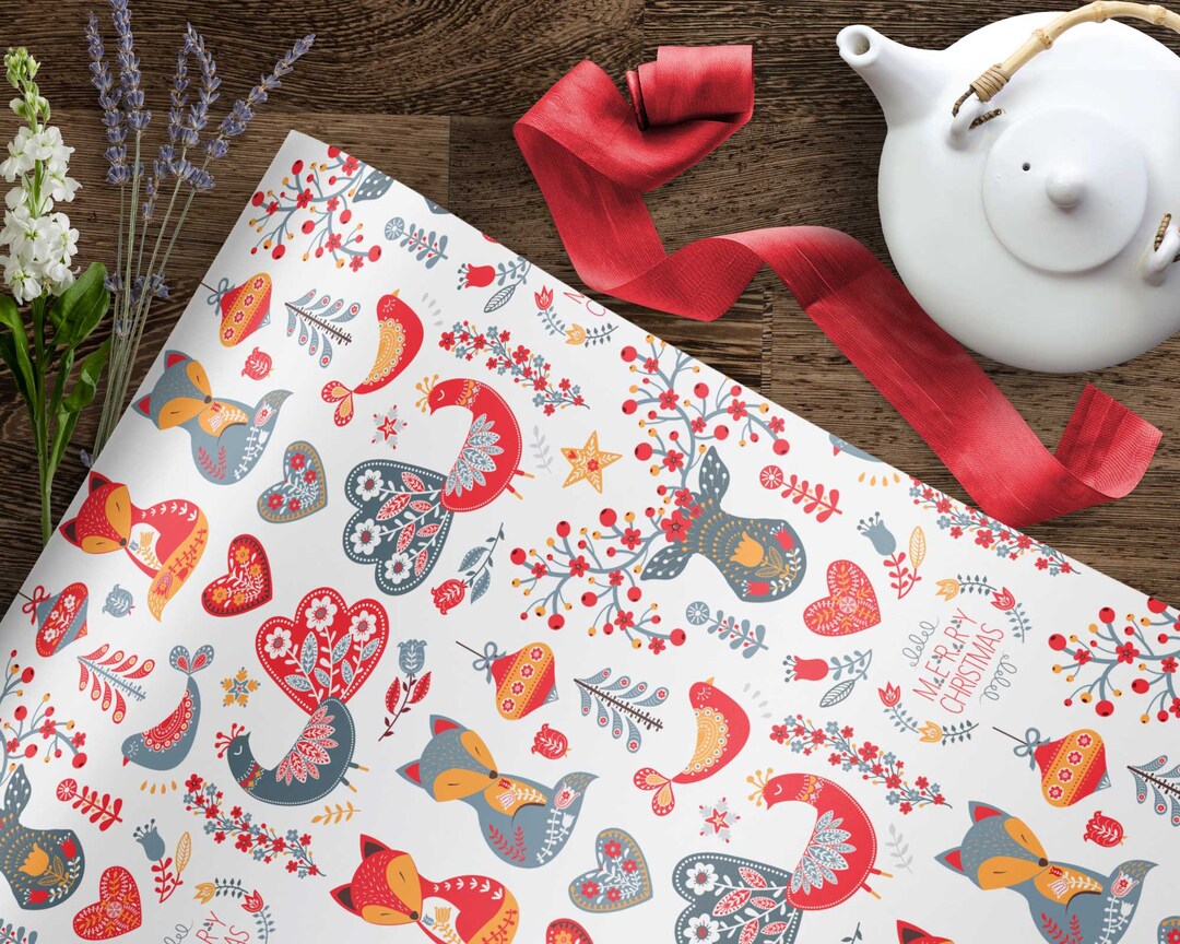 Christmas Wrapping Paper Roll, Scandi Woodland Fox Dove, Winter Holiday ...