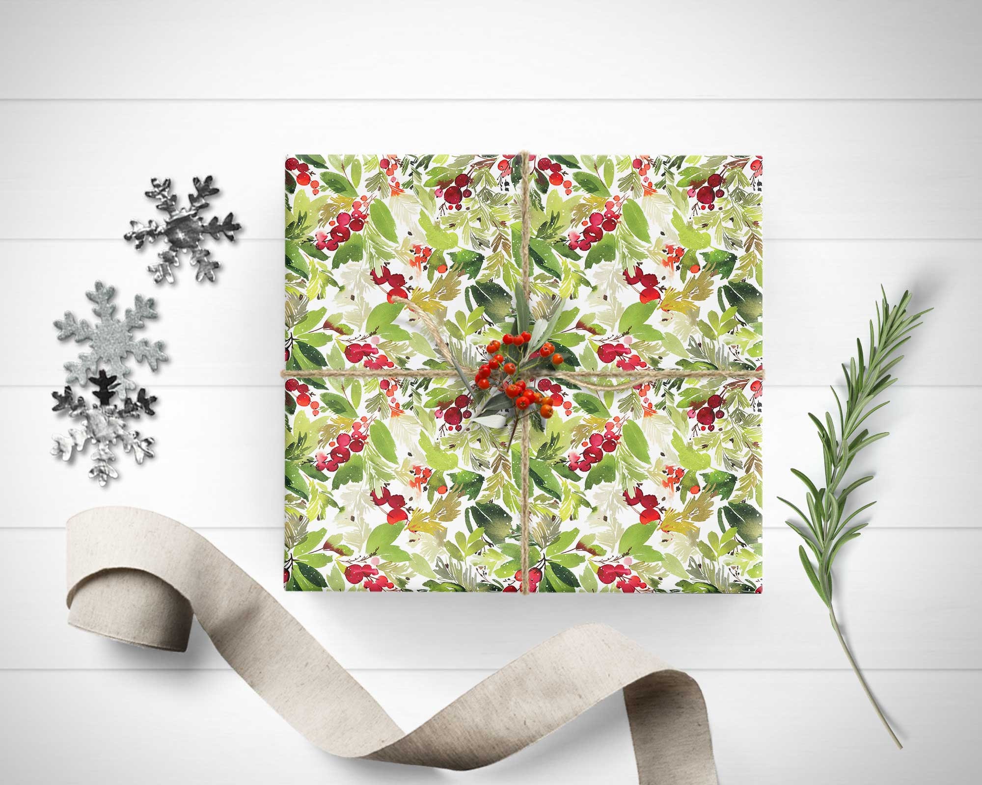 Christmas Wrapping Paper Roll, Berry Greenery Pine, Winter Holiday Gift ...