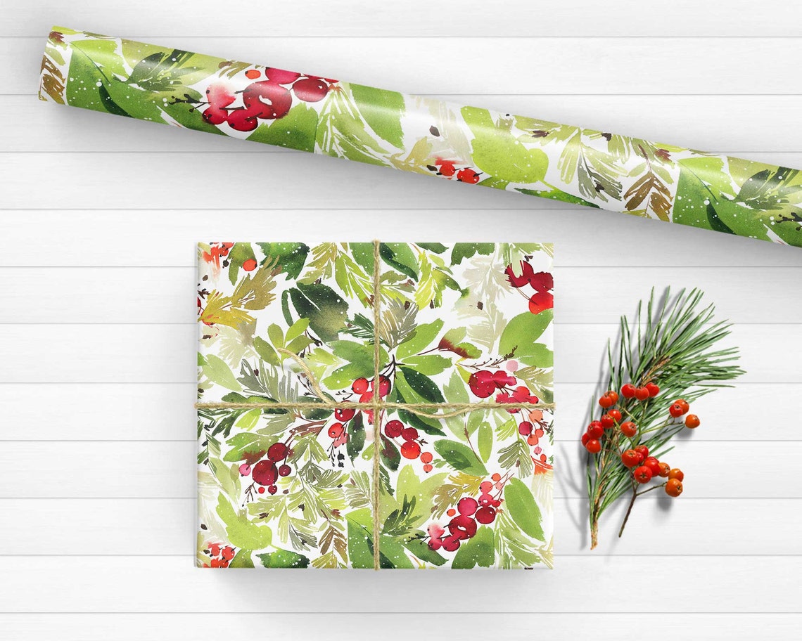 Christmas Wrapping Paper Roll, Berry Greenery Pine, Winter Holiday Gift ...