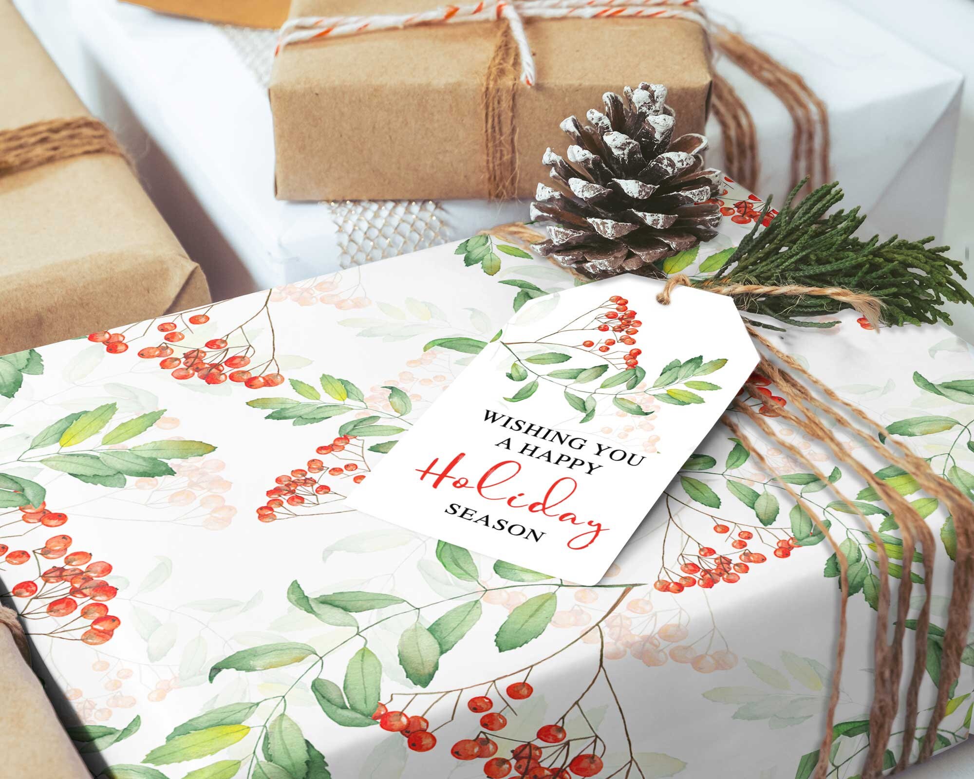 Christmas Wrapping Paper Sheets Berry Greenery Pine Winter - Etsy