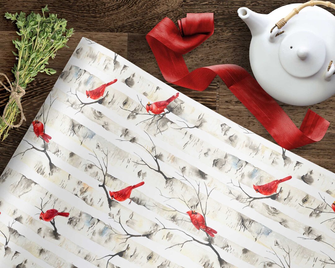 Winter Forest Wrapping Paper, Cardinal Gift Wrap, Woodland Birch Tree ...