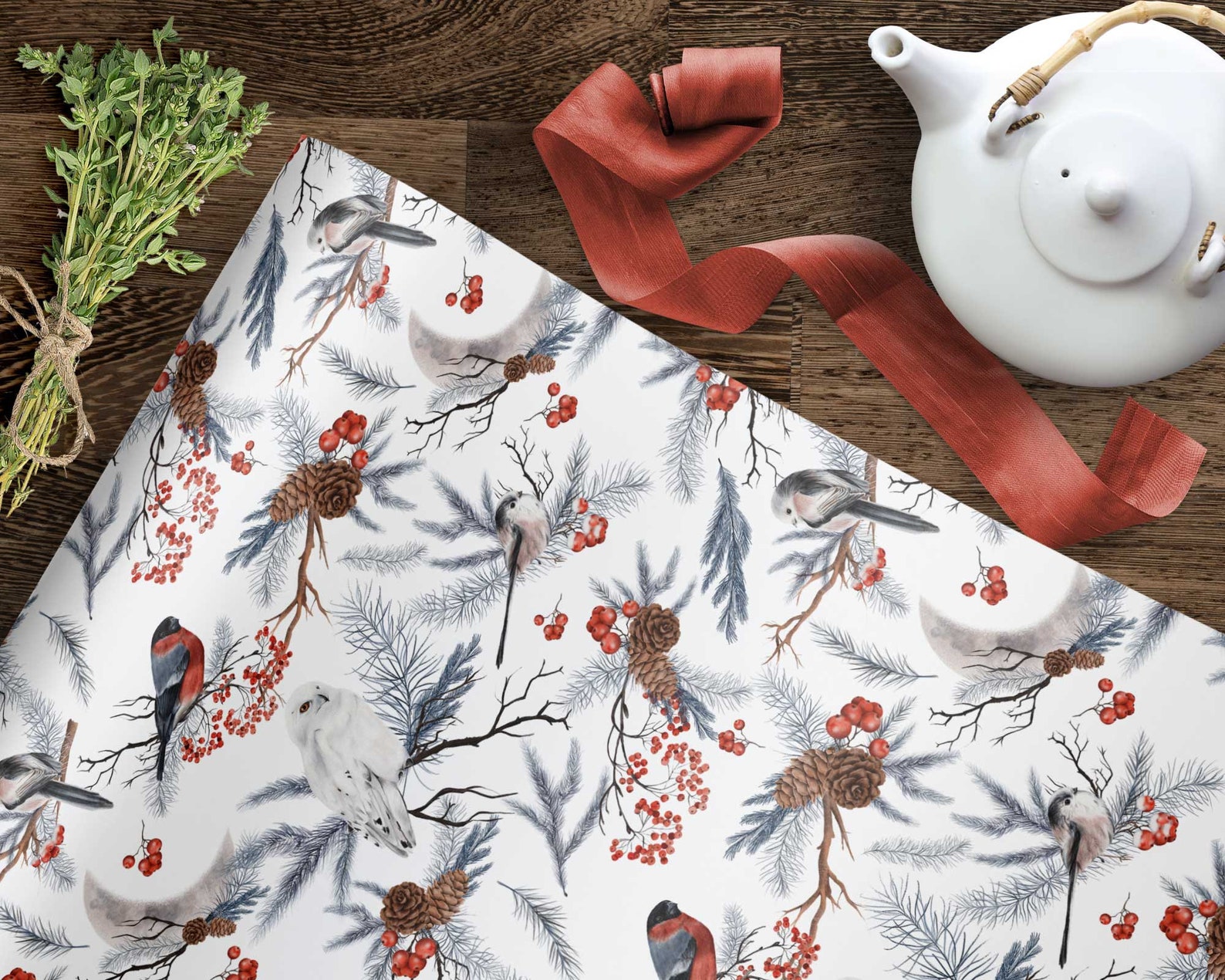 Christmas Wrapping Paper Roll Berry Greenery Pine Winter - Etsy