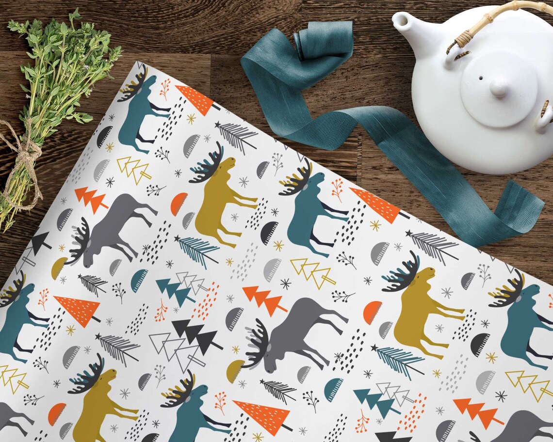 Christmas Wrapping Paper Sheets, Moose Forest Winter Gift Wrap ...