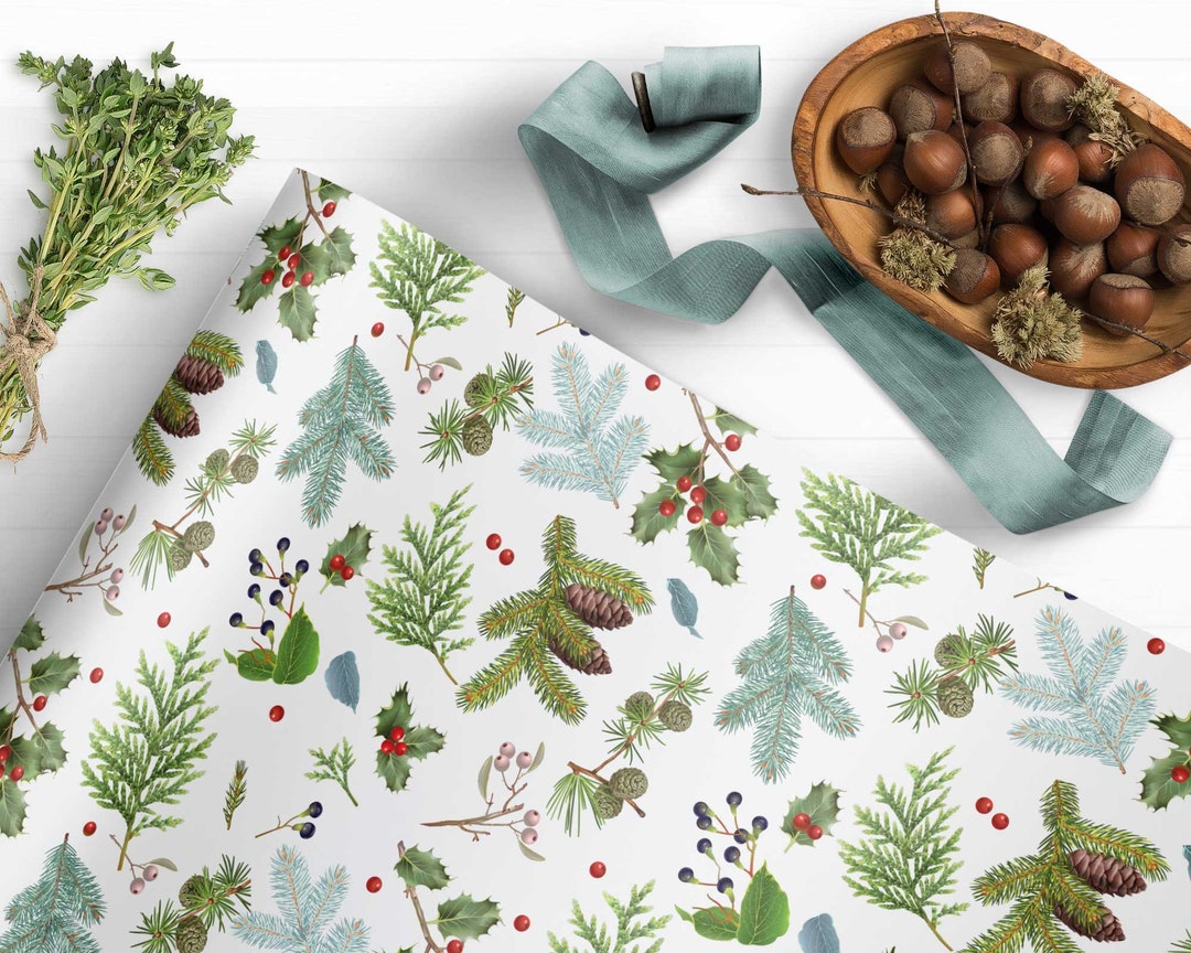 Christmas Wrapping Paper Roll, Berry Greenery Pine, Winter Holiday Gift ...