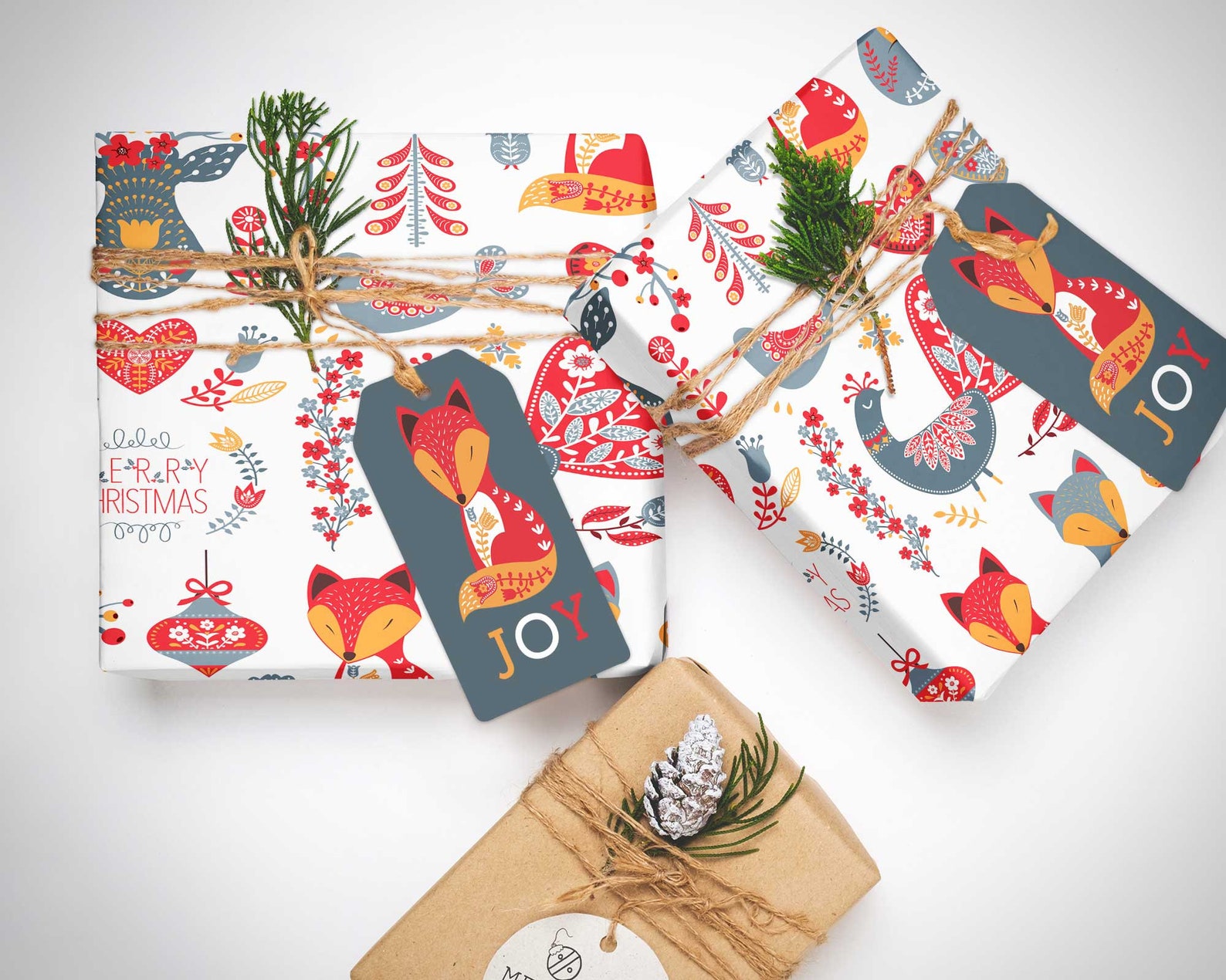 Christmas Wrapping Paper Roll, Scandi Woodland Fox Dove, Winter Holiday ...