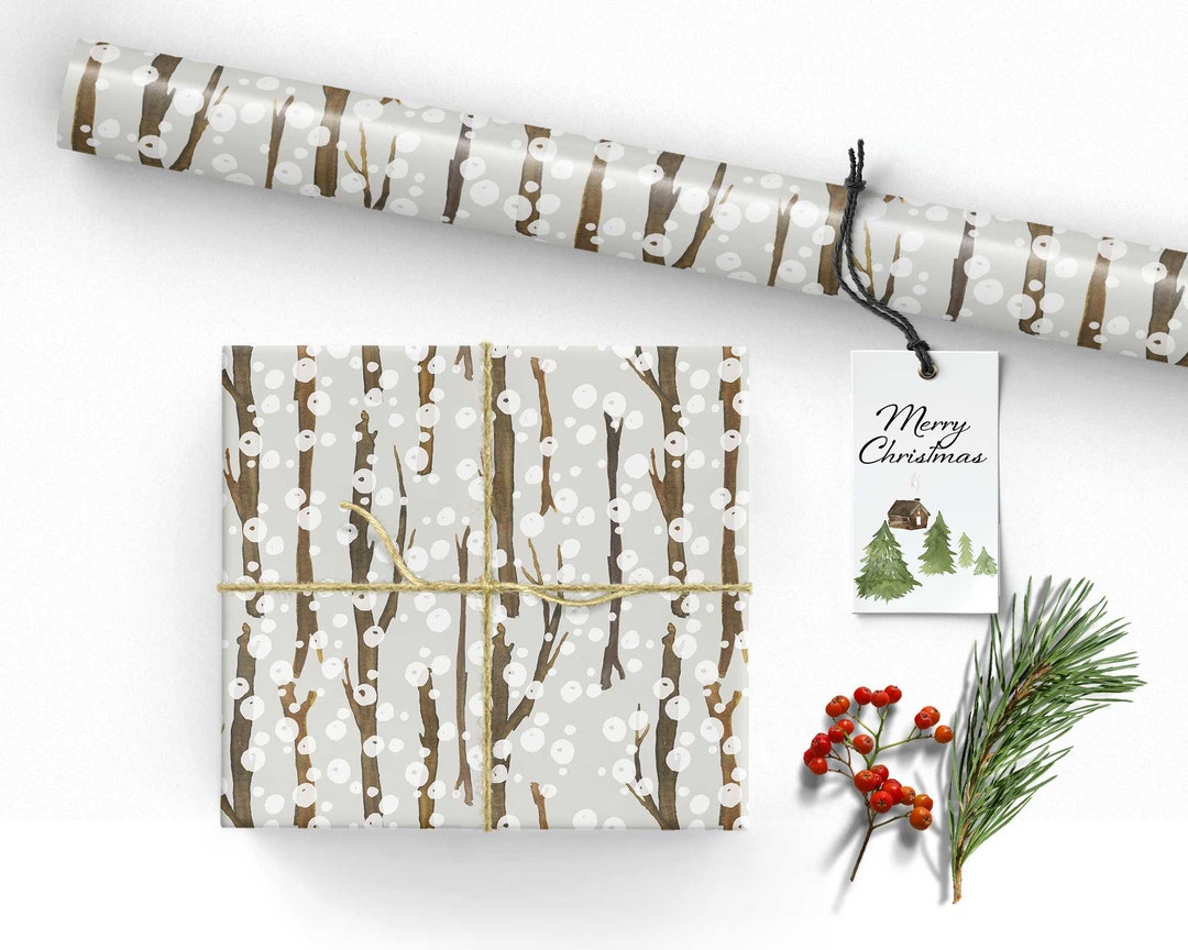 Christmas Wrapping Paper, Trees Woodland Winter Holiday Gift Wrap ...