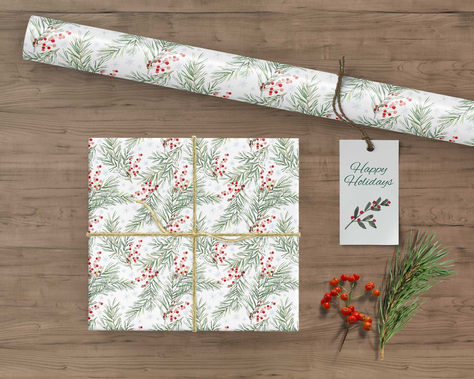 Christmas Wrapping Paper Roll Berry Greenery Pine Winter - Etsy