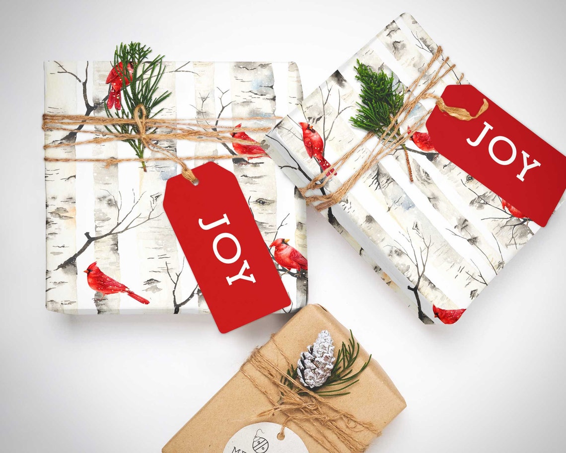 Winter Forest Wrapping Paper, Cardinal Gift Wrap, Woodland Birch Tree ...
