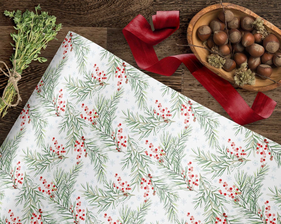 Christmas Wrapping Paper Roll Berry Greenery Pine Winter - Etsy