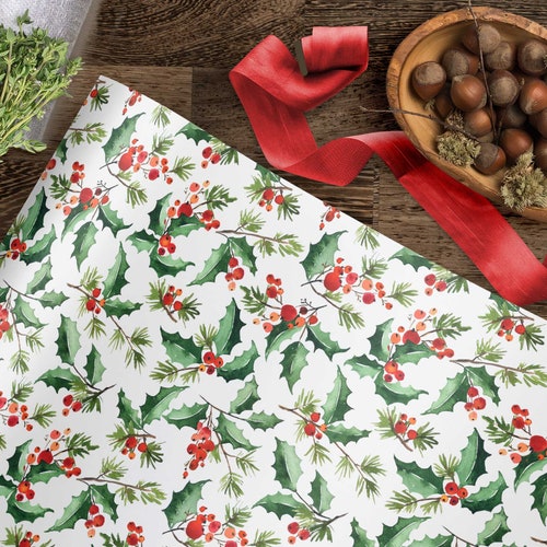 Christmas Wrapping Paper Roll Berry Greenery Pine Winter - Etsy