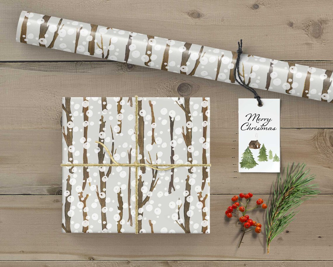Christmas Wrapping Paper Trees Woodland Winter Holiday Gift - Etsy