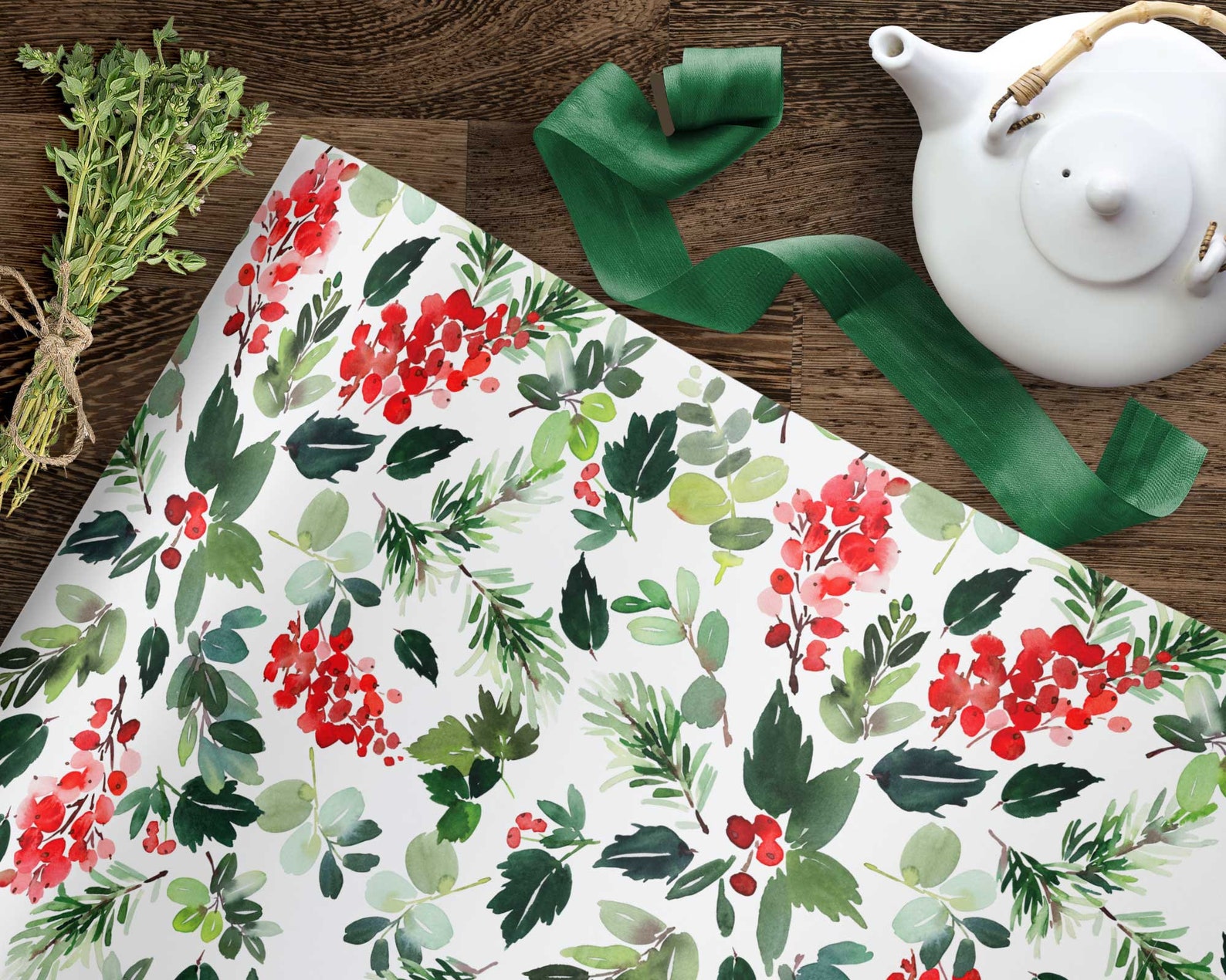 Christmas Wrapping Paper Roll Berry Greenery Pine Winter - Etsy