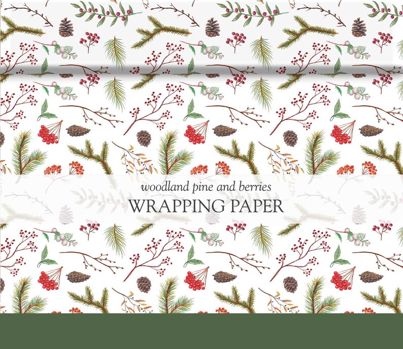 Christmas Wrapping Paper Roll Berry Greenery Pine Winter - Etsy