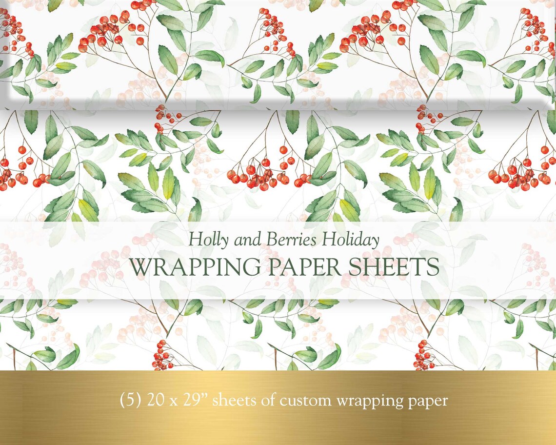 Christmas Wrapping Paper Sheets Berry Greenery Pine Winter - Etsy