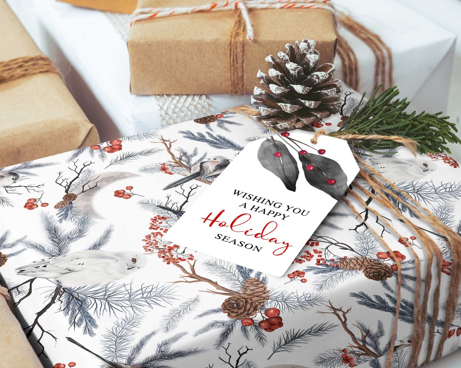 Christmas Wrapping Paper Roll Berry Greenery Pine Winter - Etsy