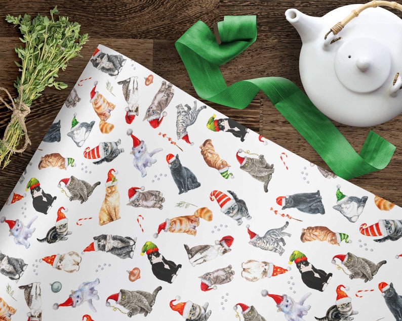 Christmas Gift Wrap Cats Holiday Cat Gift Wrap Cat Lover - Etsy