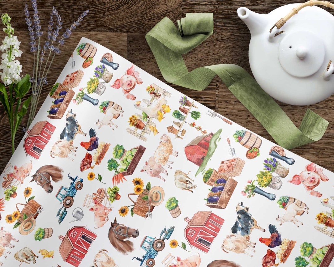 Farm Animal Wrapping Paper, Red Barn Gift Wrap, Winter Farmer Co-op ...