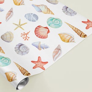 Seashell Wrapping Paper Nautical Beach Shell Gift Wrap Coral Starfish ...