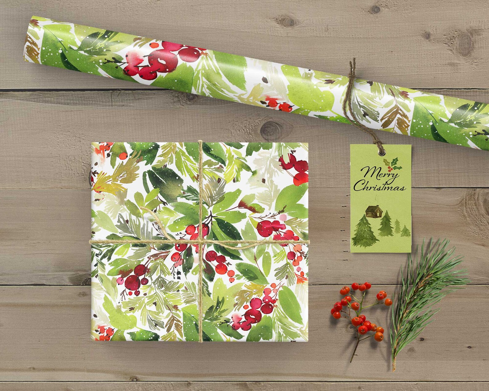 Christmas Wrapping Paper Roll, Berry Greenery Pine, Winter Holiday Gift ...