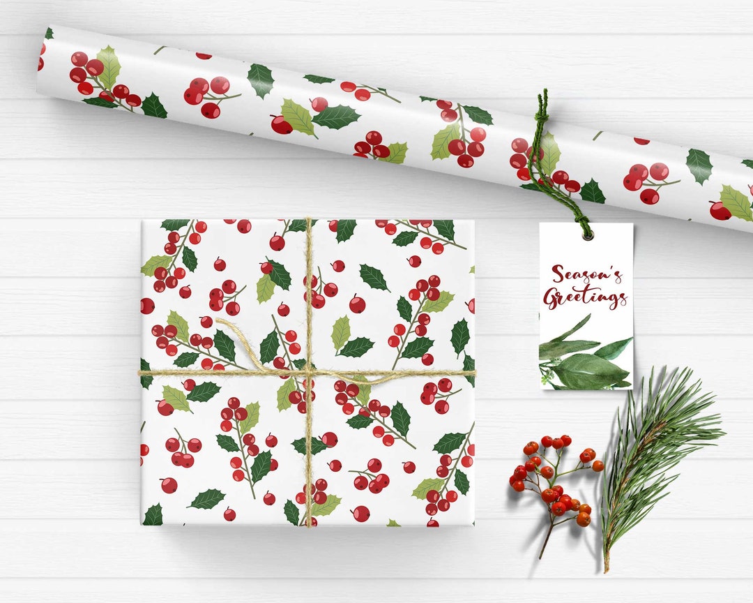 Christmas Wrapping Paper Roll, Berry Greenery Pine, Winter Holiday Gift ...