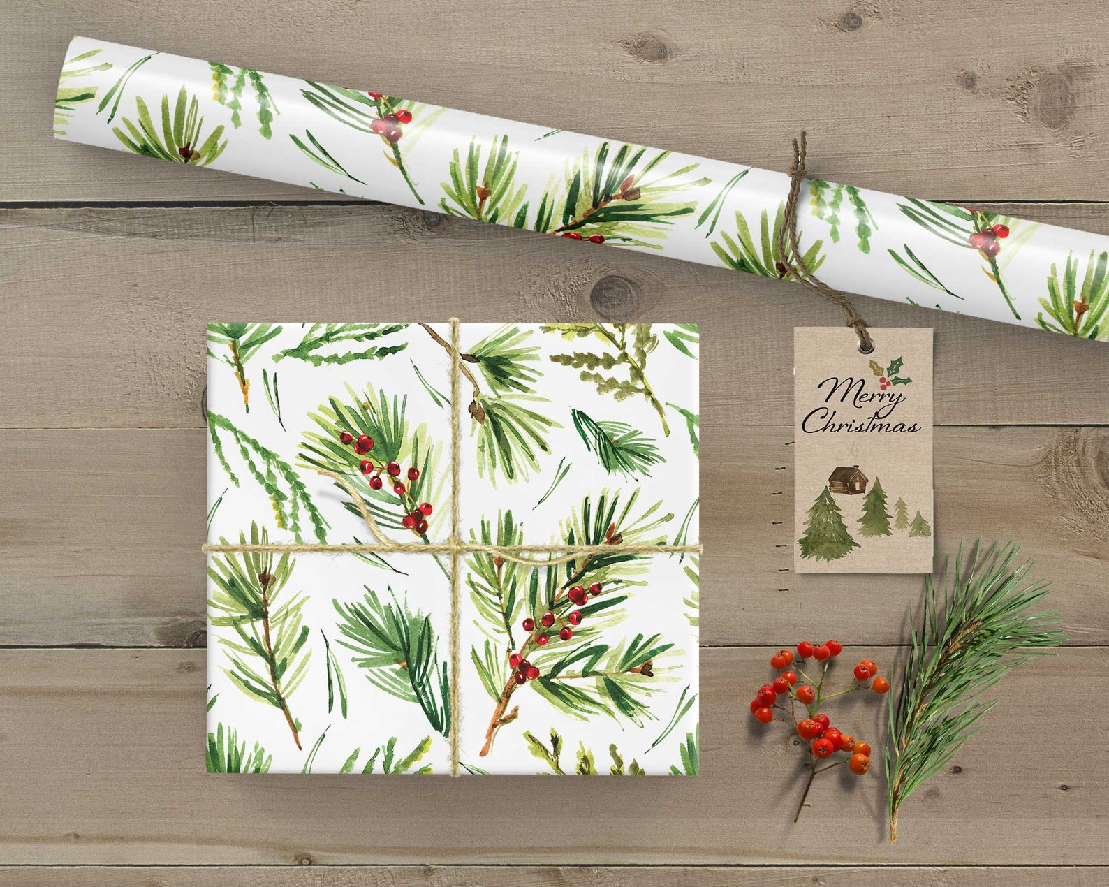 Christmas Wrapping Paper Roll Berry Greenery Pine Winter | Etsy