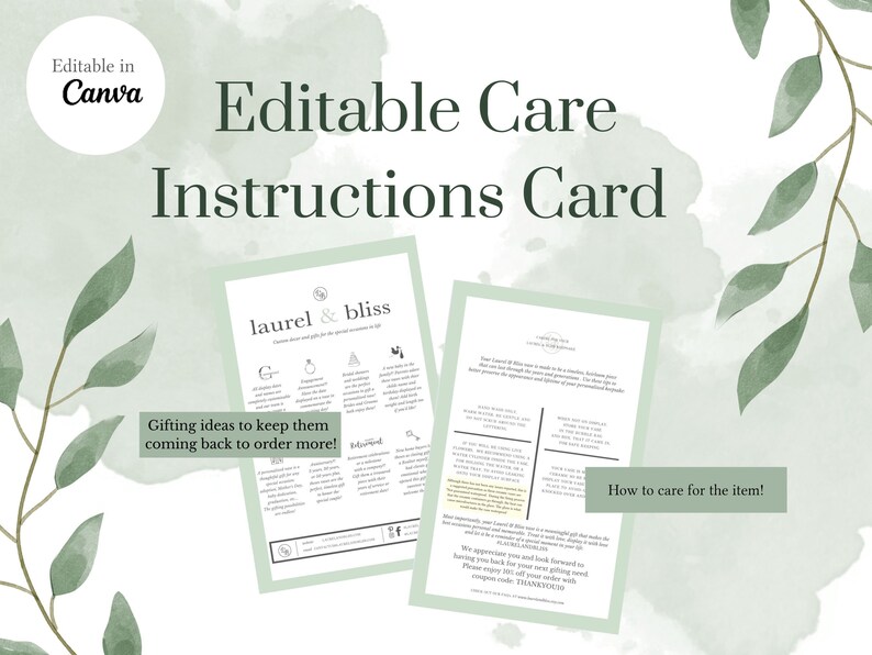 Editable Care Instruction Card Template, Small Business (digital ...