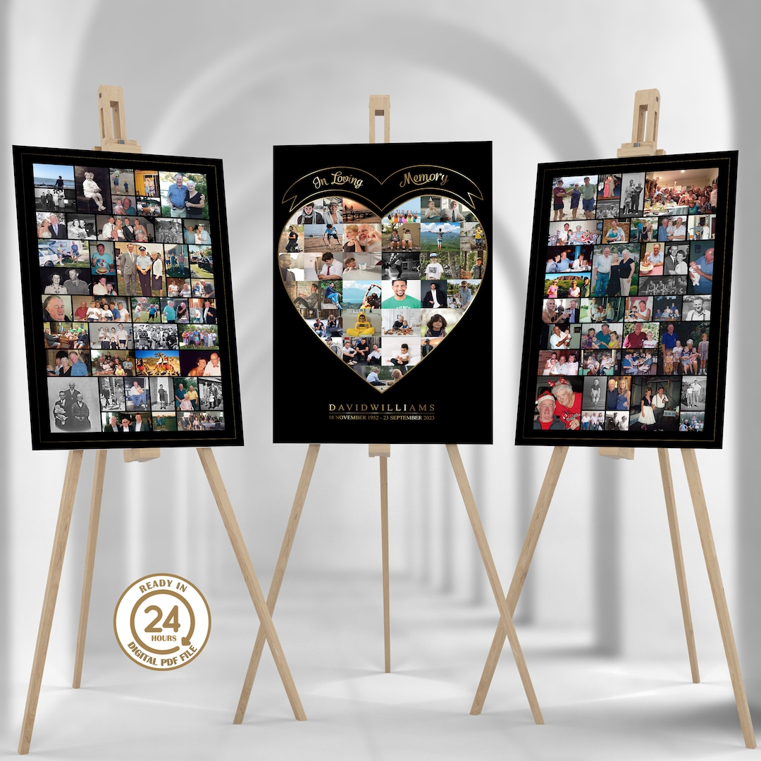 Funeral Memorial Photo Collage Boards Black Gold Heart, Funeral Memory ...