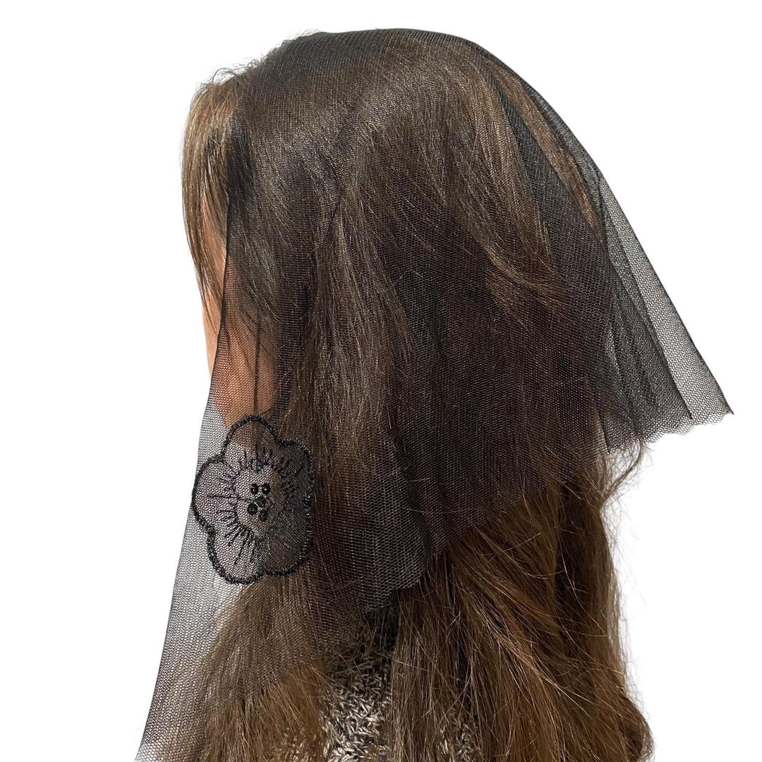 Black Net Triangle Half Circle Head Covering Appliqué Flower Scalloped ...