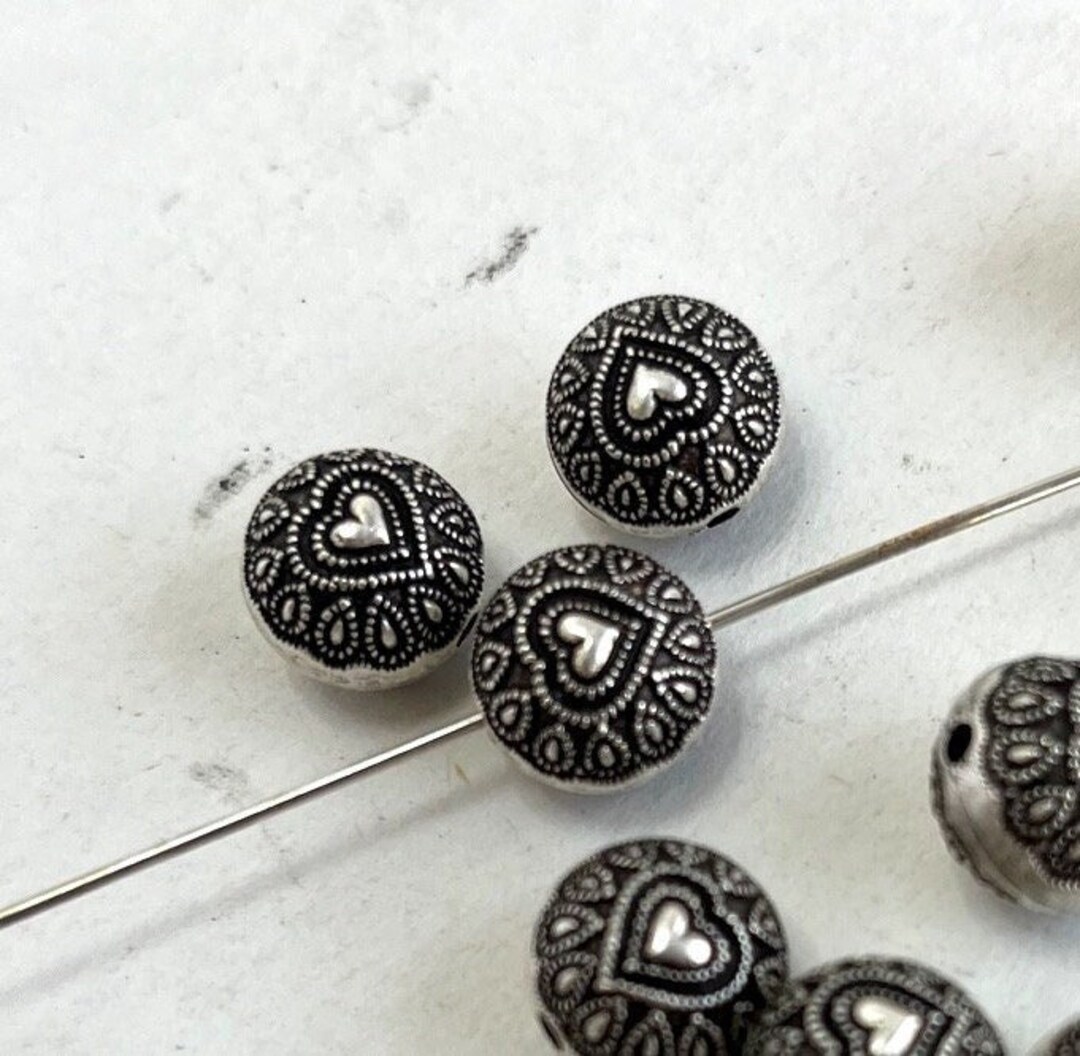 12PCS 10mm Round Heart Double Sided Bead. Antiqued Silver Plate, Great ...