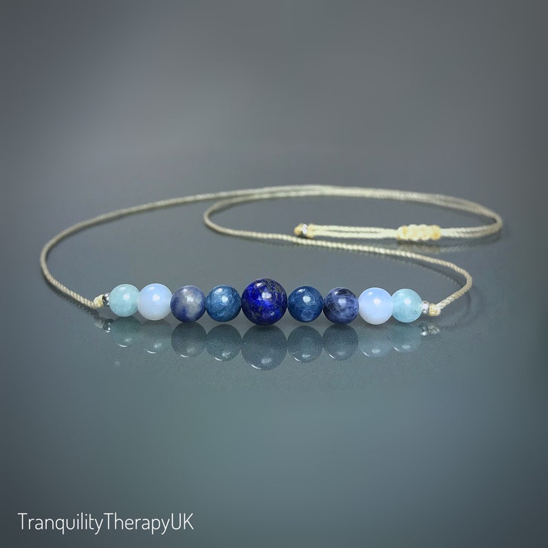 Aquamarine Lapis Kyanite Throat Chakra Necklace: Silk Cord Gemstone ...